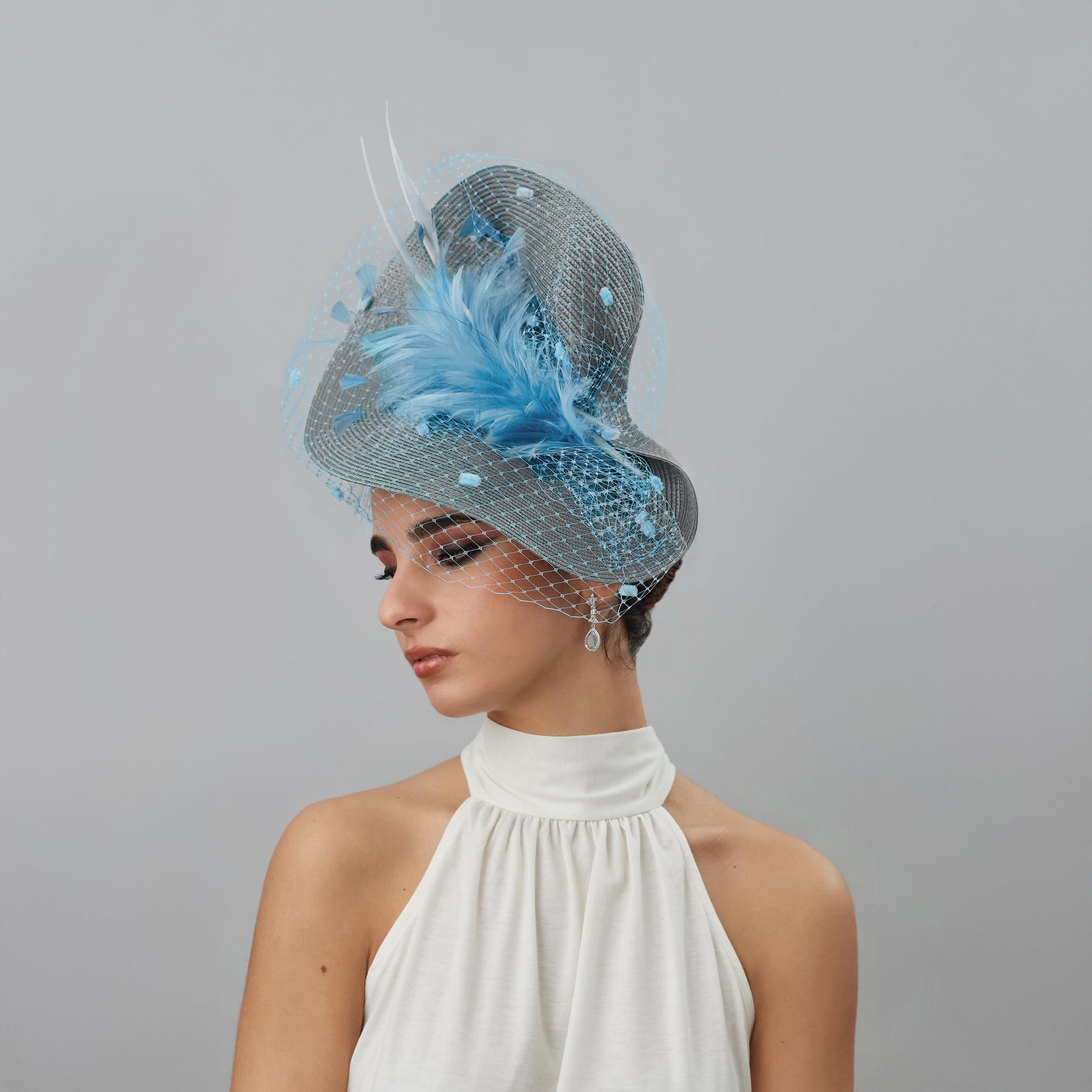 Light Blue and Grey Veil Derby Fascinator - Pale Blue Veil Woman ...