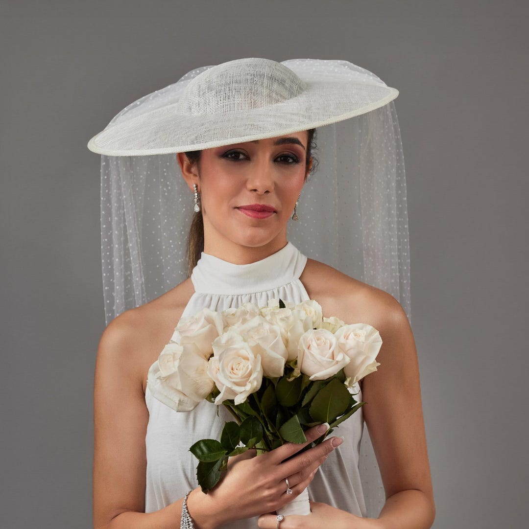 Original Bride Wedding Hat White With Polka Dot Tulle Veil Large ...