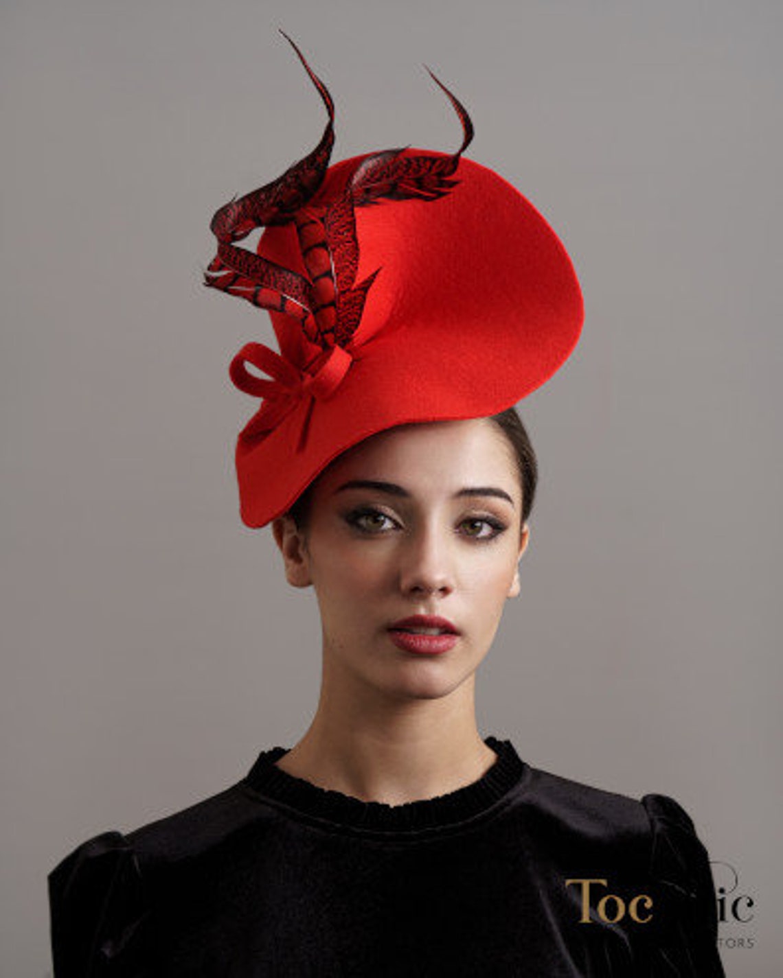 Women Red Felt Fascinator Hat With Feathers - Elegant Red Wedding Woman ...
