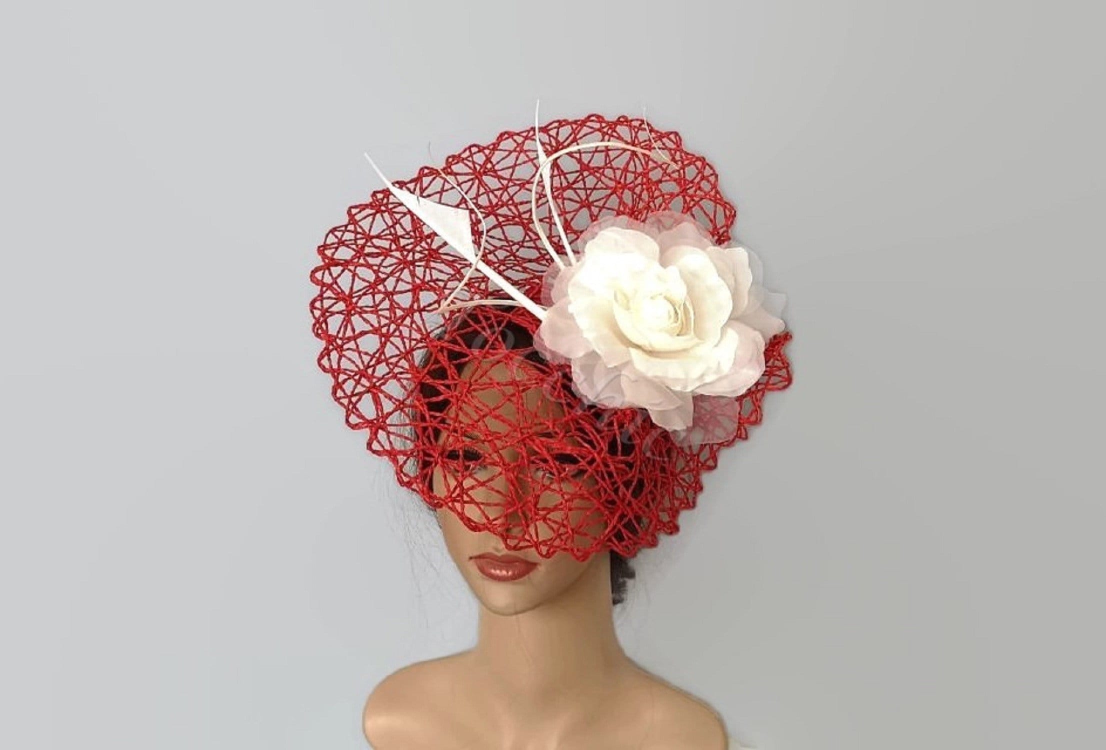 Red and white derby hat for women Red ascot hats Veil | Etsy