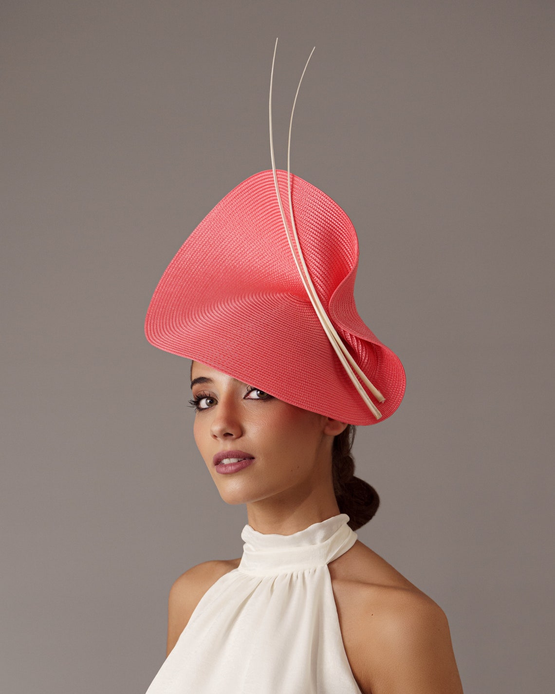 White and Coral Woman Derby Hat Coral Ascot Ladies Hat - Etsy