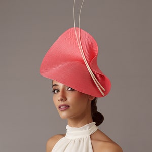 White and Coral Woman Derby Hat, Coral Ascot Ladies Hat, Wedding ...