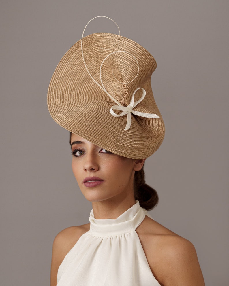 Elegant Woman Wedding Fascinator Hat Beige, Camel Derby Saucer Hat ...