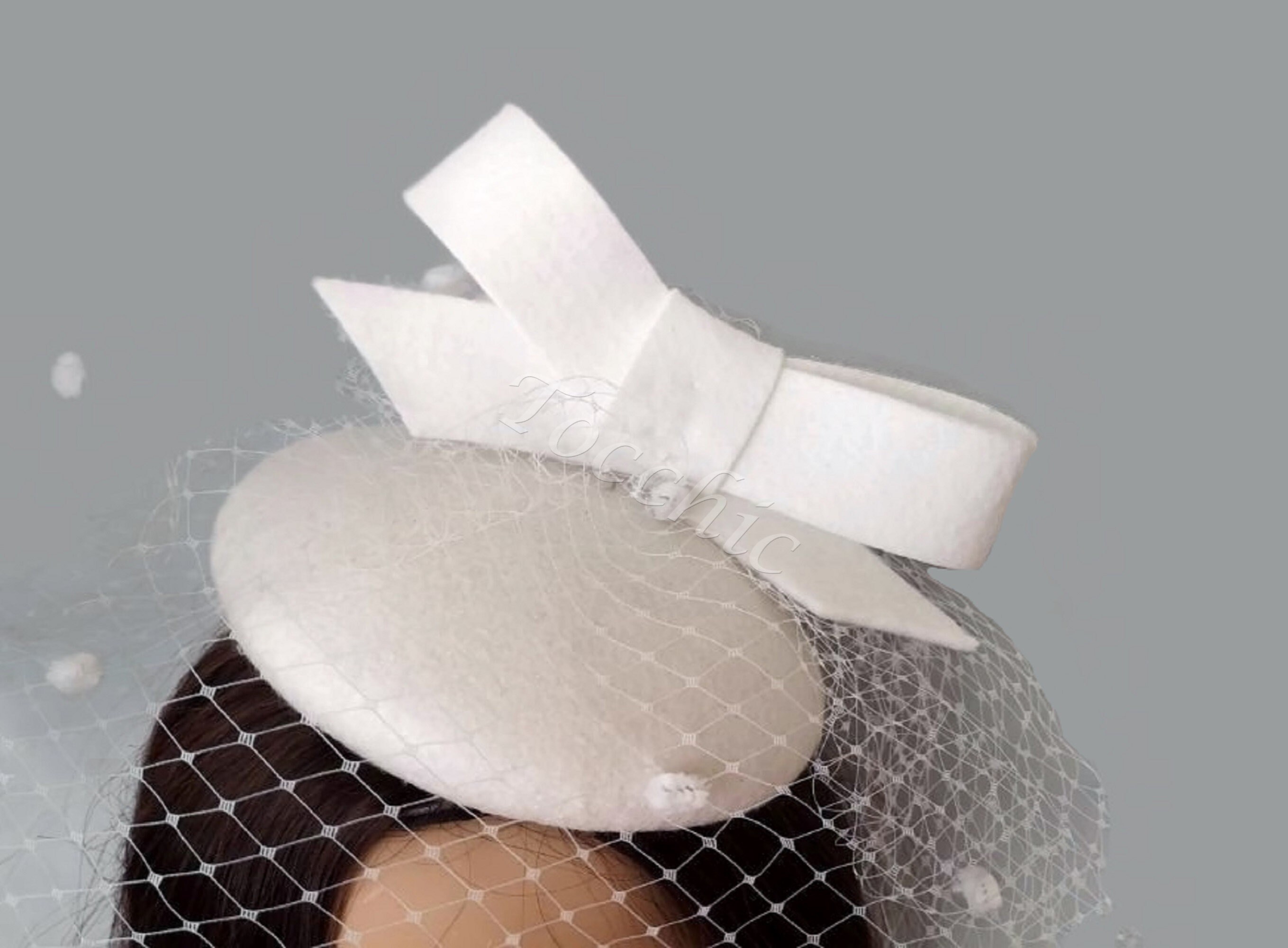 Tocado de fieltro blanco con lazo para novia Tocado con velo | Etsy
