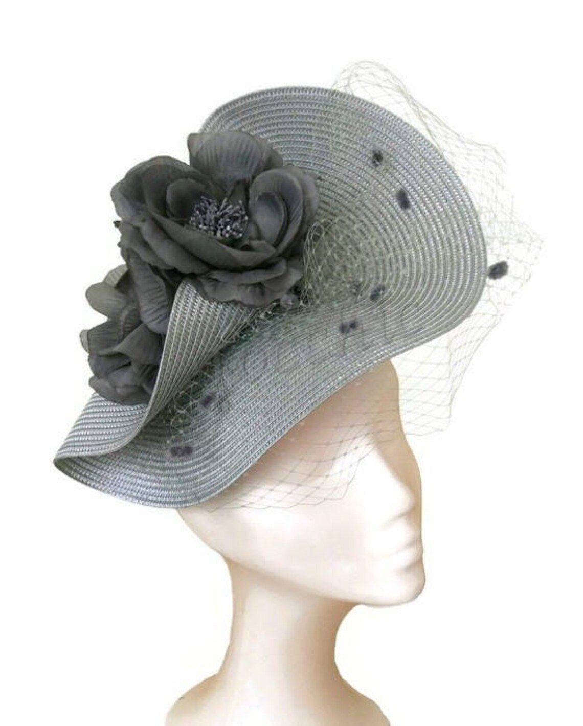 Grey veil fascinator with flowers Gray Ascot hat Grey | Etsy