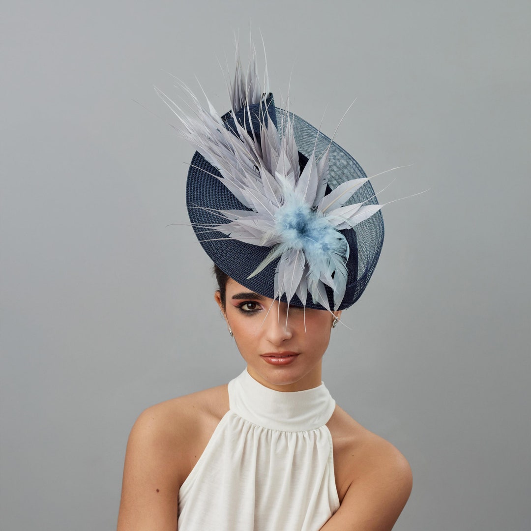 Navy Blue Royal Ascot Fascinator With Grey Feathers, Woman Kentucky ...