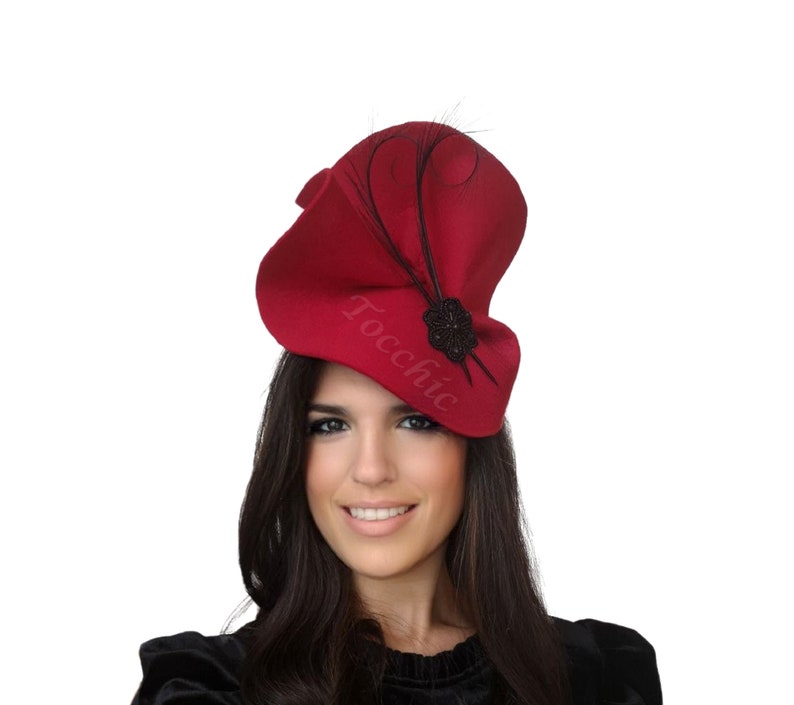 Woman Dark Red and Black Felt Hat Red Felt Fascinator Hat - Etsy