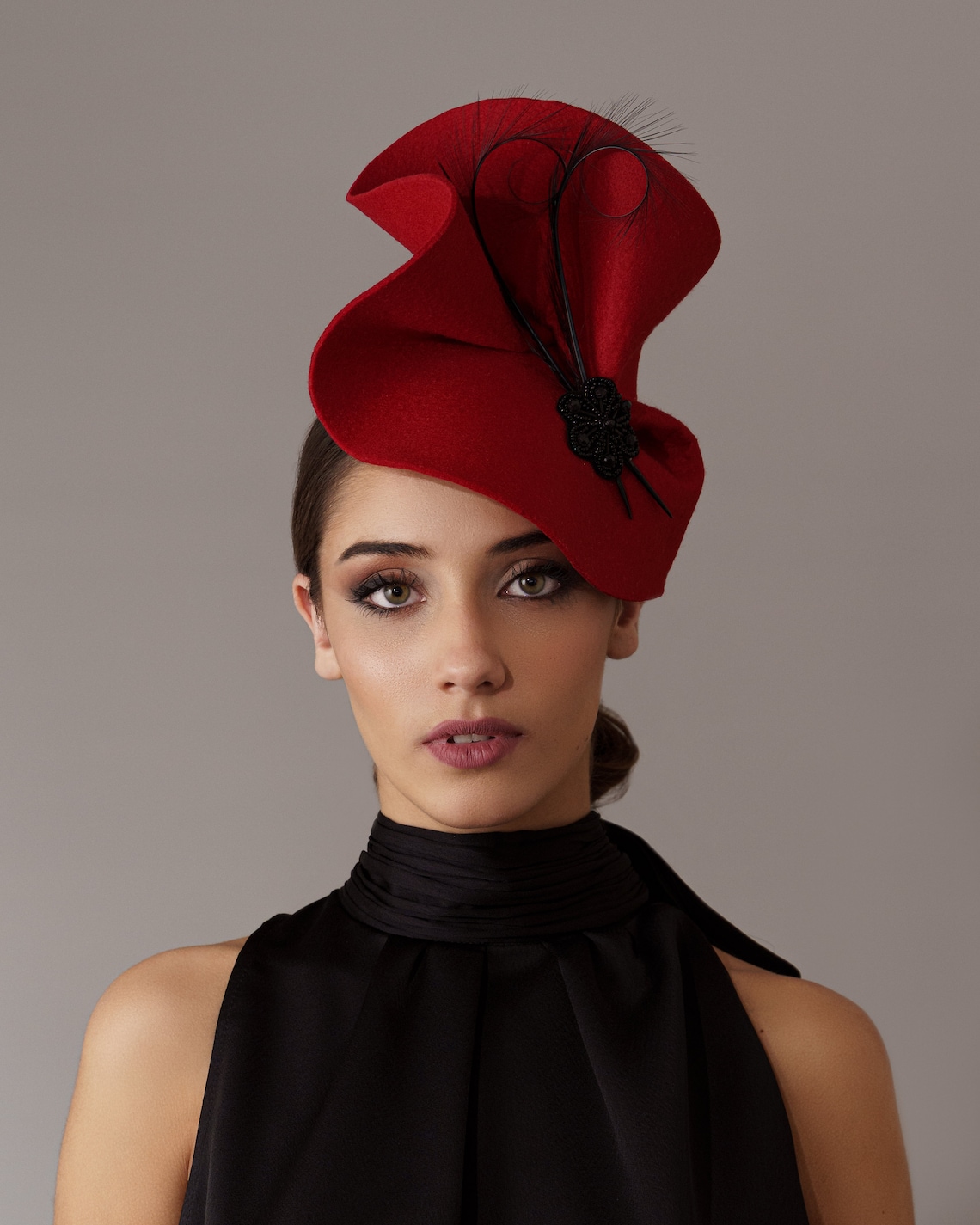 Woman Dark Red and Black Felt Hat Red Felt Fascinator Hat - Etsy