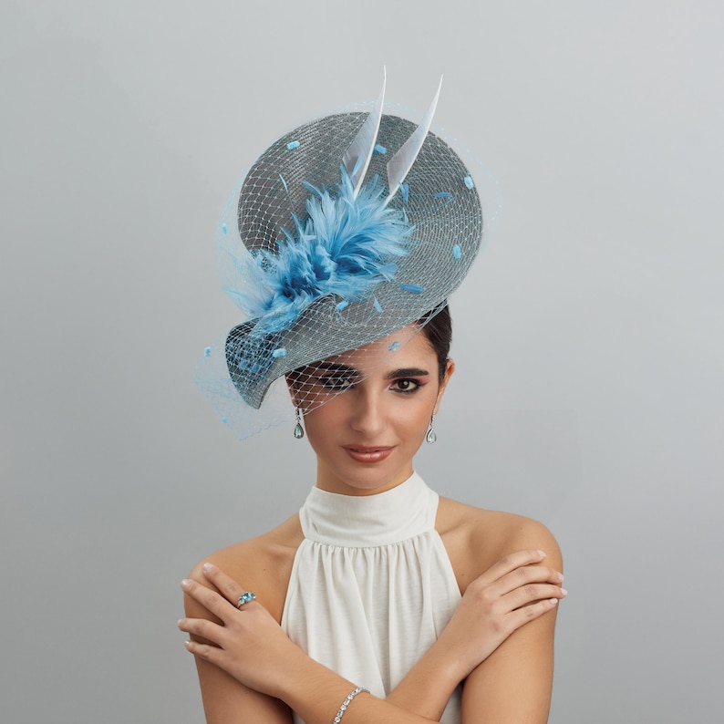 Light Blue and Grey Veil Derby Fascinator - Pale Blue Veil Woman ...