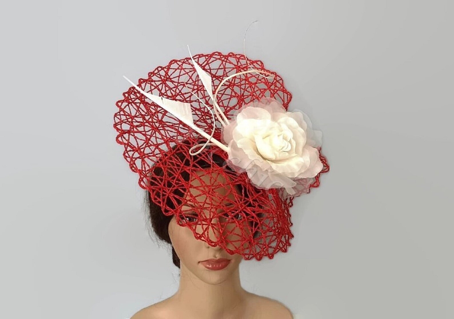 Red and white derby hat for women Red ascot hats Veil | Etsy