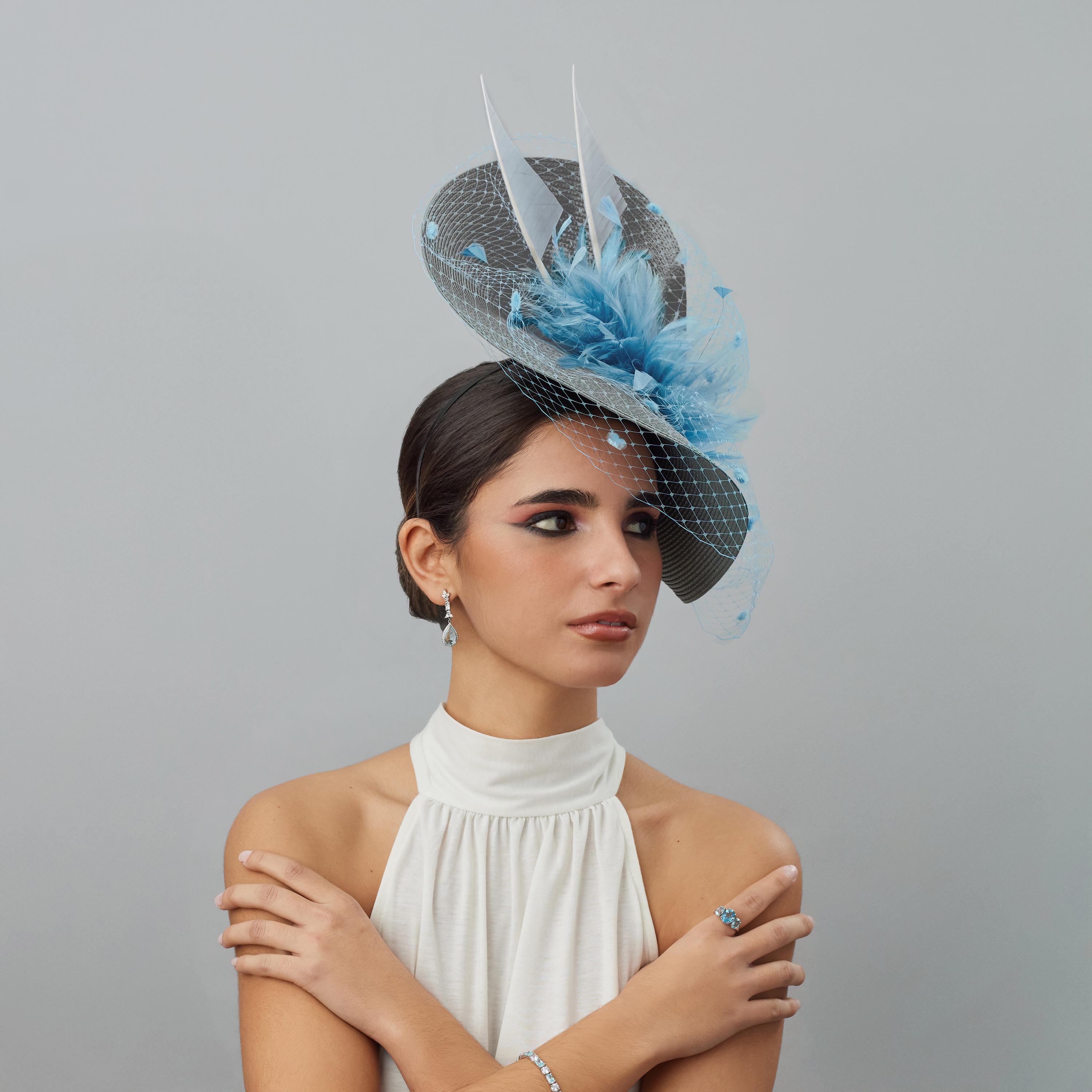 Light Blue and Grey Veil Derby Fascinator - Pale Blue Veil Woman ...