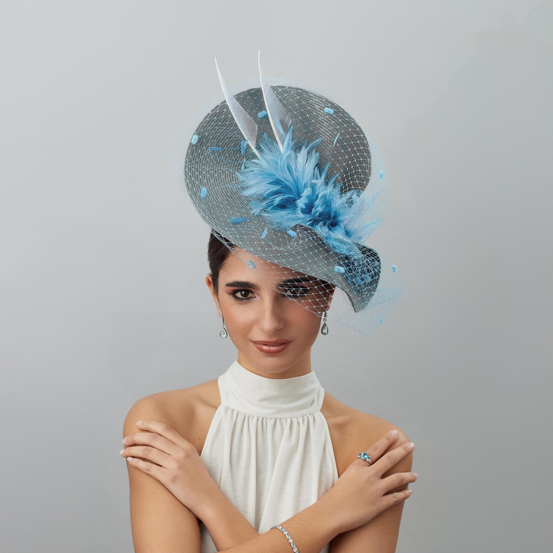 Light Blue and Grey Veil Derby Fascinator - Pale Blue Veil Woman ...
