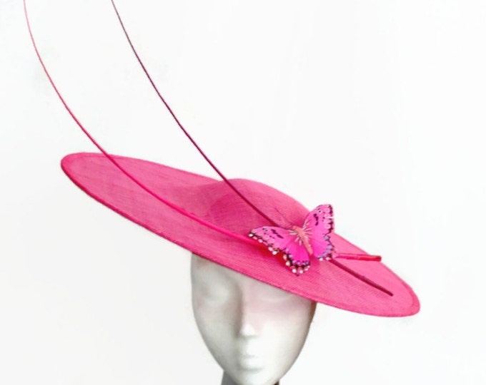 Sombrero de boda rosa fucsia con plumas, Pamela rosa, tocado rosa ...