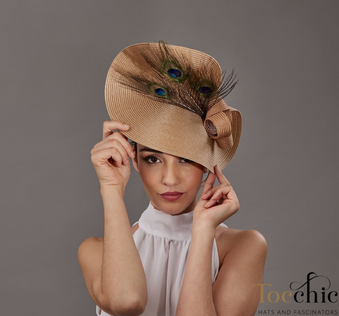 Beige Fascinator Hat for Woman With Peacock Feathers, Camel Wedding Hat ...