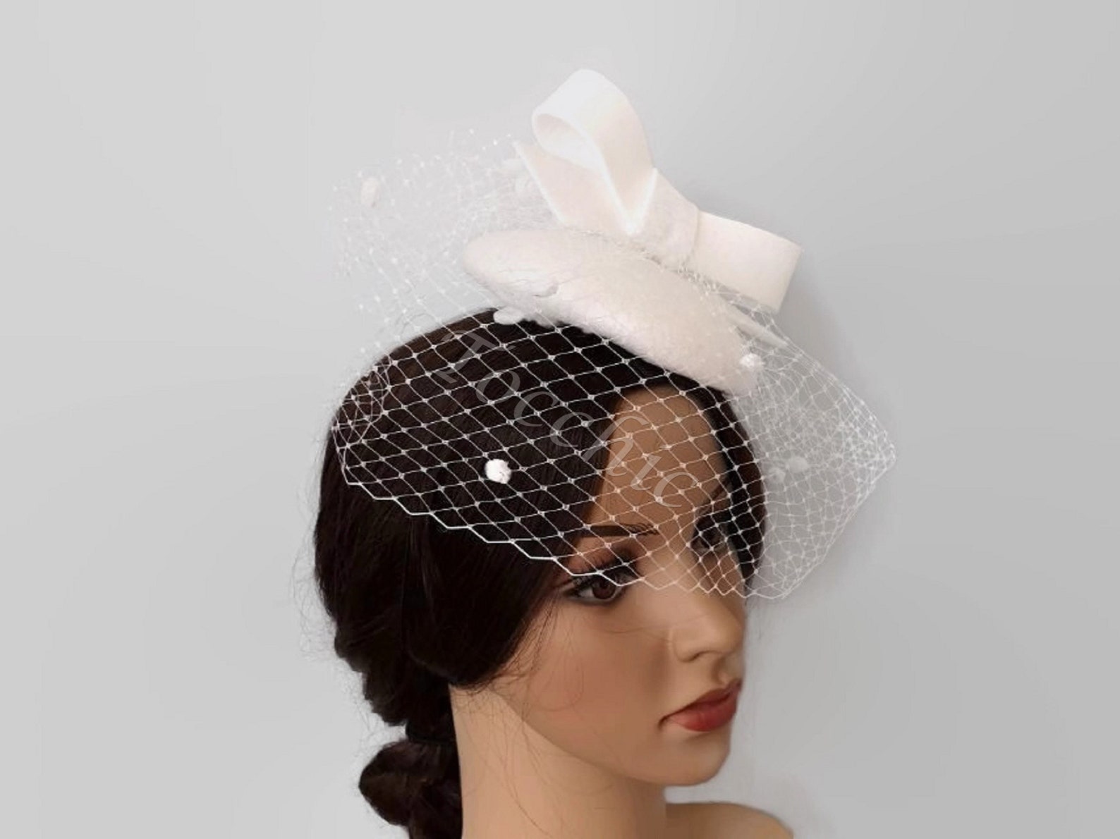 Tocado de fieltro blanco con lazo para novia Tocado con velo | Etsy