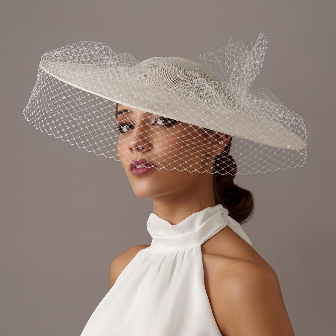 White Bride Wedding Hat With Veil, White Kentucky Derby Hat for Women ...