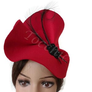 Woman Dark Red and Black Felt Hat, Red Felt Fascinator Hat With ...