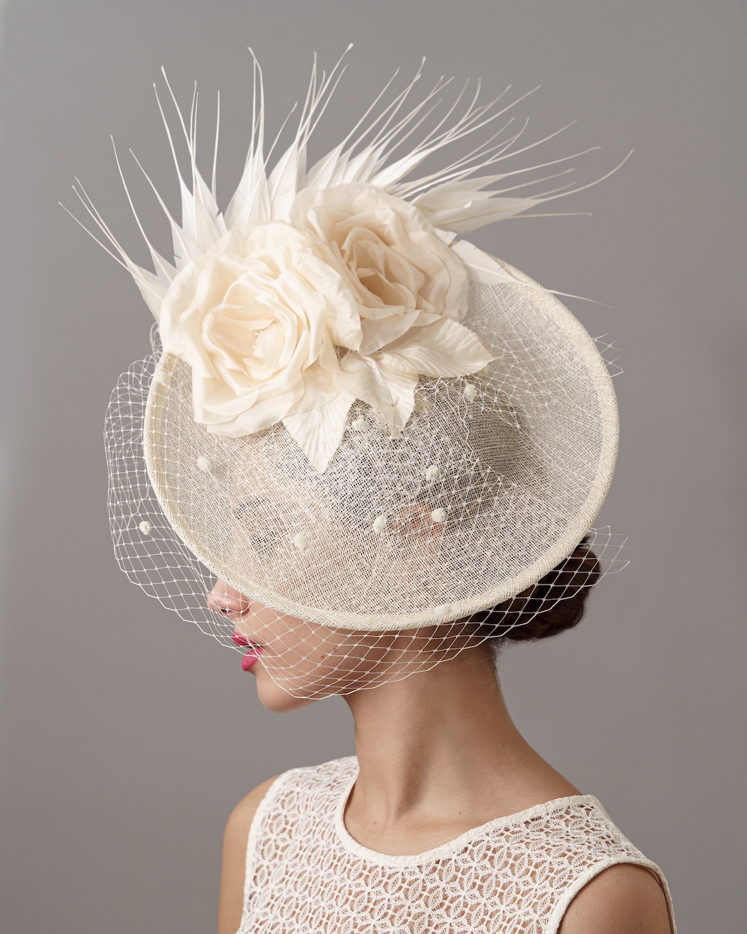 Elegant Bride Veil Saucer Hat Ivory, Cream Tea Party Hat Ladies, Veil ...