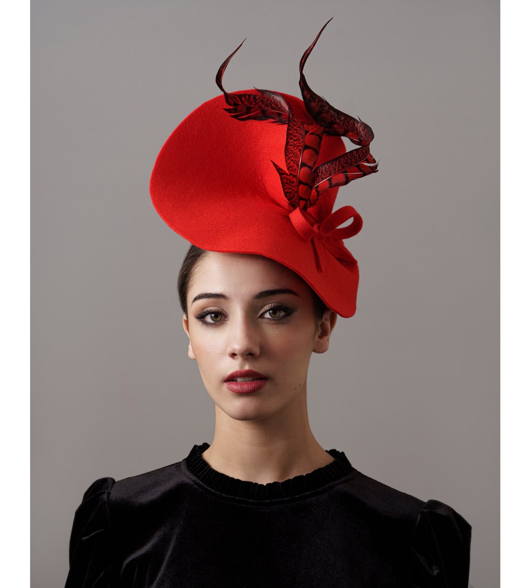 Women Red Felt Fascinator Hat With Feathers - Elegant Red Wedding Woman ...