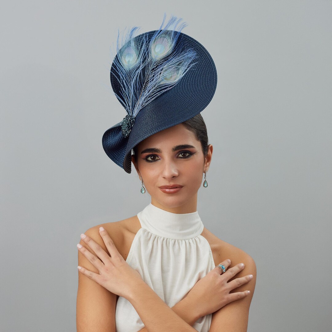Elegant Navy Blue Wedding Hat for Woman, Dark Blue Derby Fascinator Hat ...