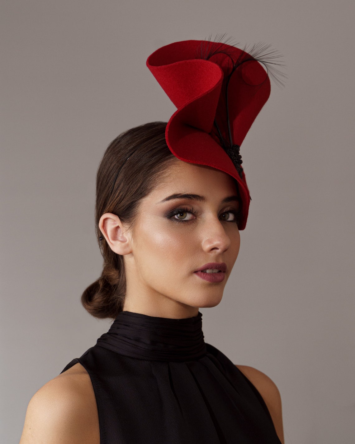 Woman Dark Red and Black Felt Hat Red Felt Fascinator Hat - Etsy