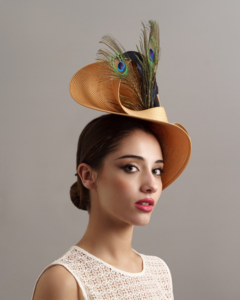 Beige Fascinator Hat for Woman With Peacock Feathers, Camel Wedding Hat ...