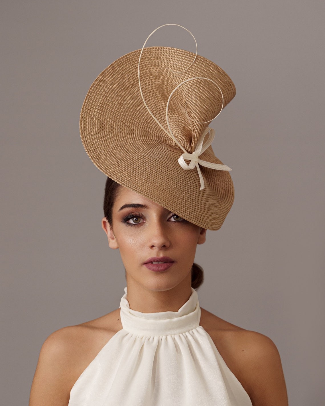 Elegant Woman Wedding Fascinator Hat Beige Camel Derby Saucer - Etsy