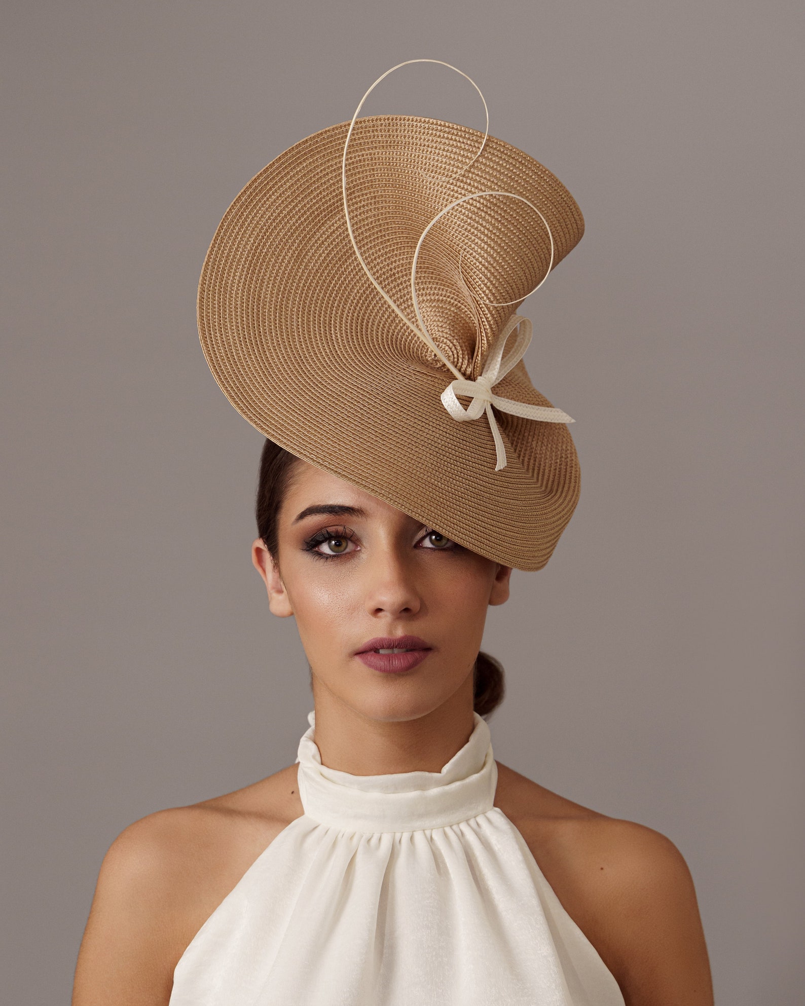 Elegant Woman Wedding Fascinator Hat Beige, Camel Derby Saucer Hat ...