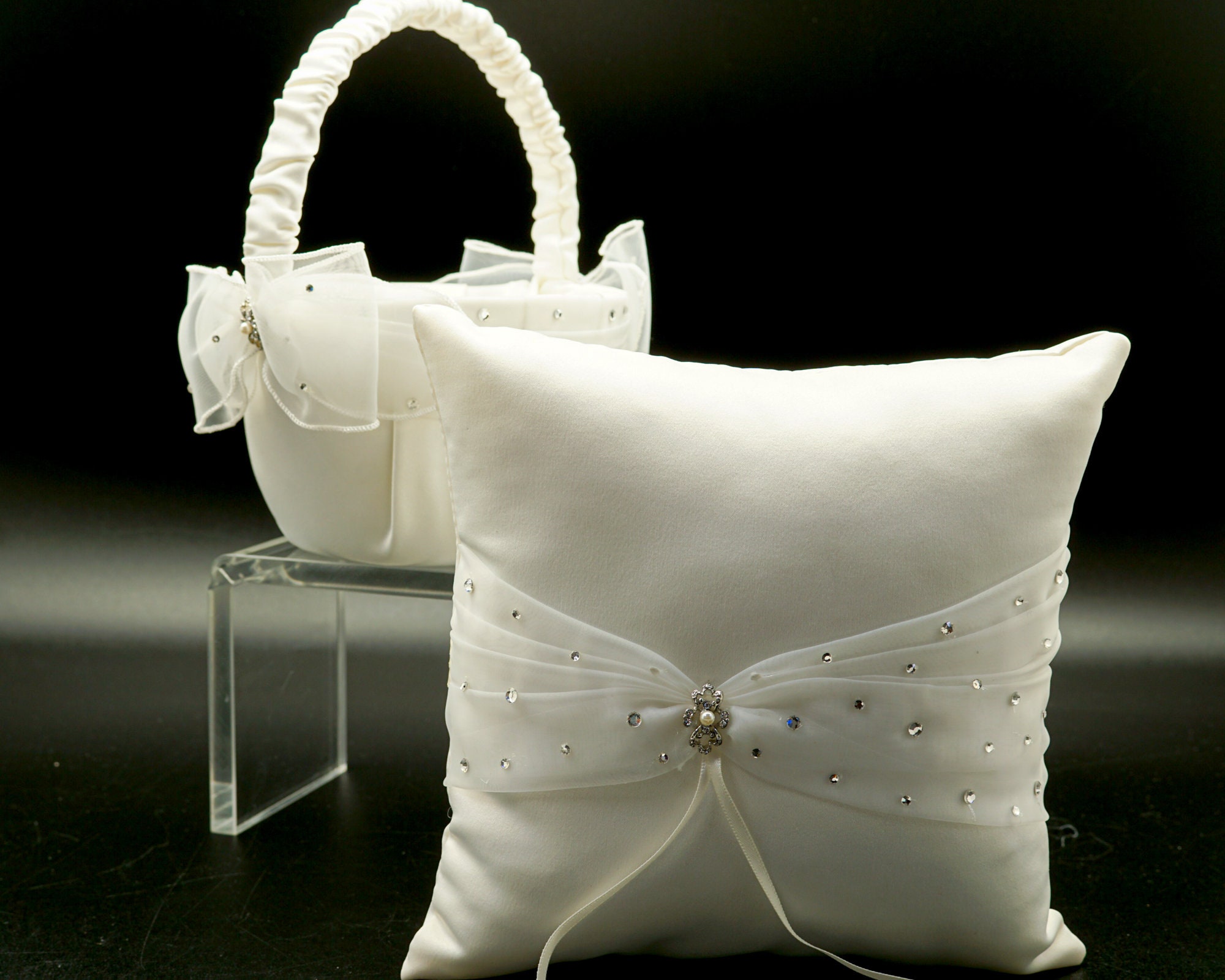 Ivory Wedding Accessories Set Ring Pillow, Basket, Champagne Flutes ...
