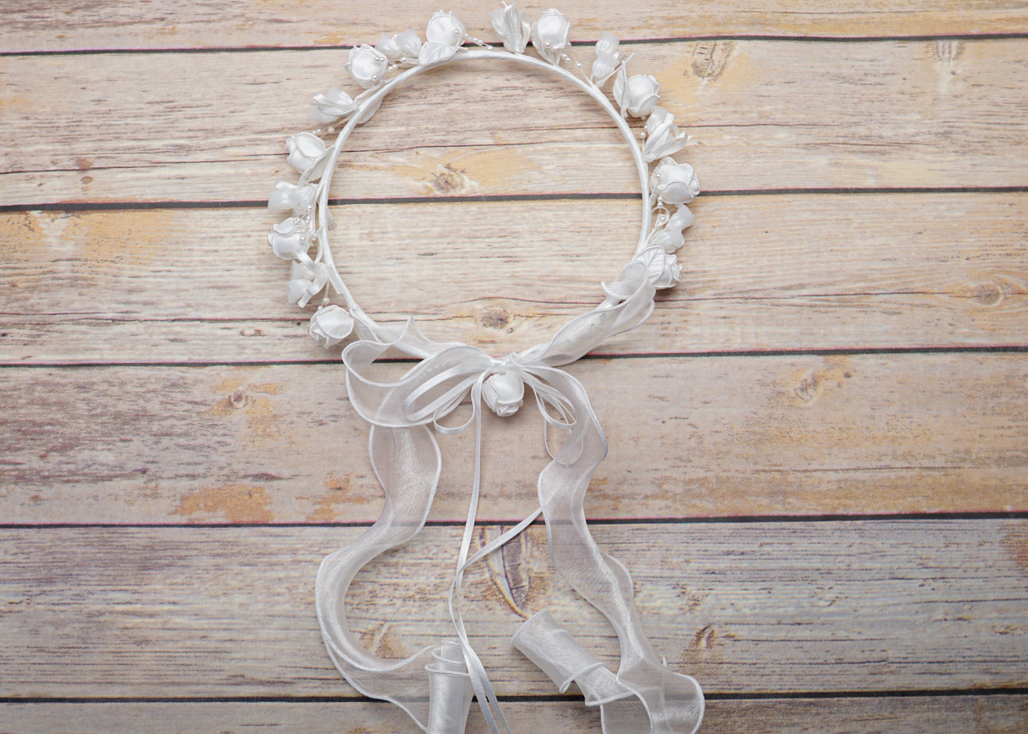 White Rosebud Flower Girl Wreath, Flower Girl Ribbon Bow Headpiece ...