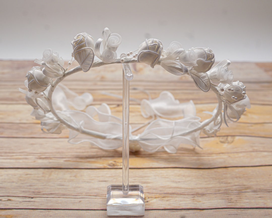 White Rosebud Flower Girl Wreath, Flower Girl Ribbon Bow Headpiece ...