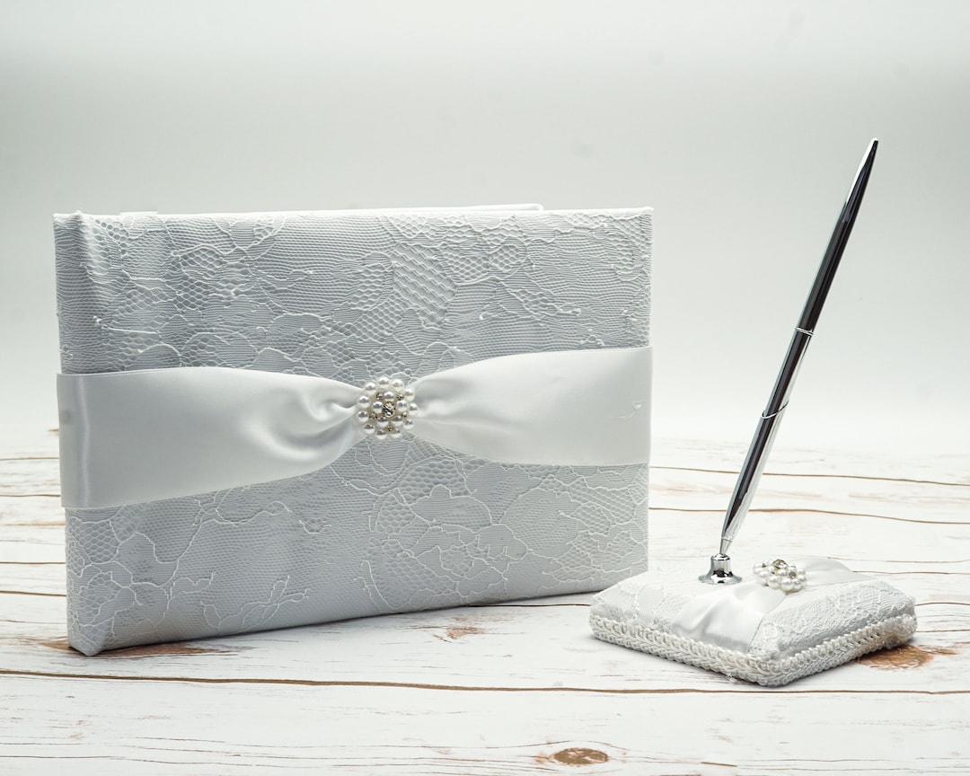 White Lace Wedding Guest Book With Silver Reception Pen, Wedding ...