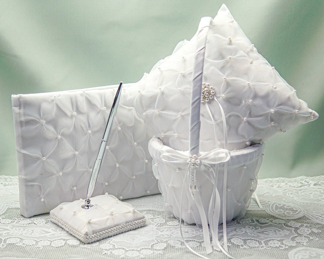 White Wedding Accessories Set Ring Pillow, Basket, Guest Book, Pen ...