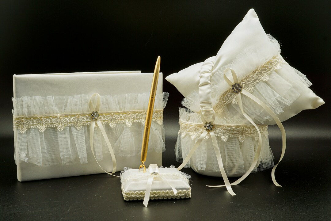 Ivory Wedding Accessories Set Ring Pillow, Basket, Champagne Flutes ...