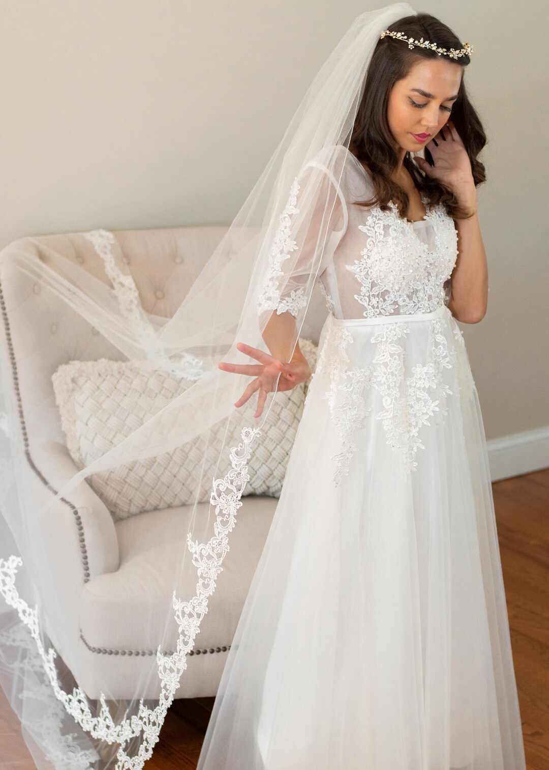 Floral Lace Edge Veil, White Wedding Veil, Ivory Wedding Veil, Floor ...