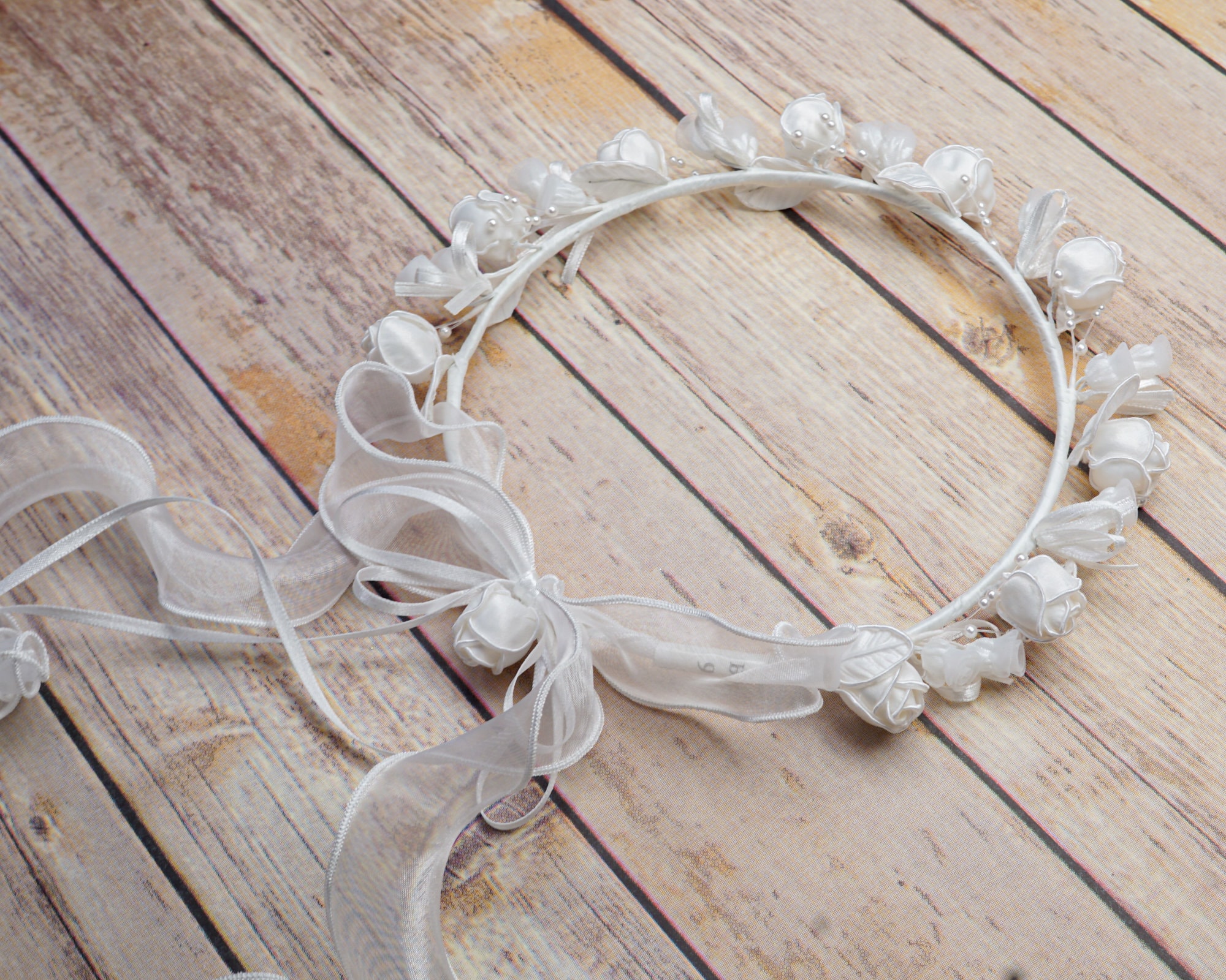White Rosebud Flower Girl Wreath, Flower Girl Ribbon Bow Headpiece ...