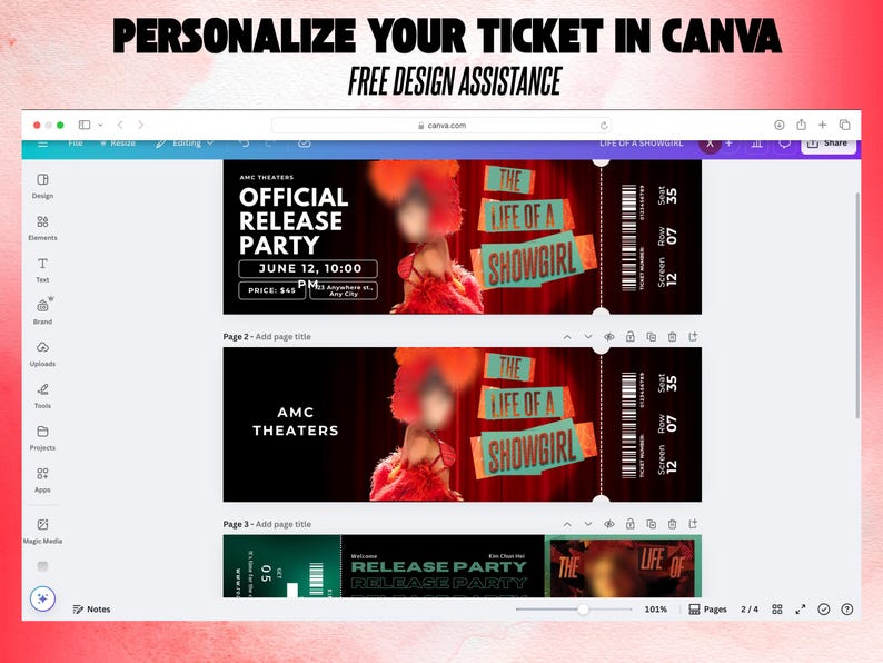 Editable Showgirl Movie Ticket: Personalized Release Party Souvenir ...