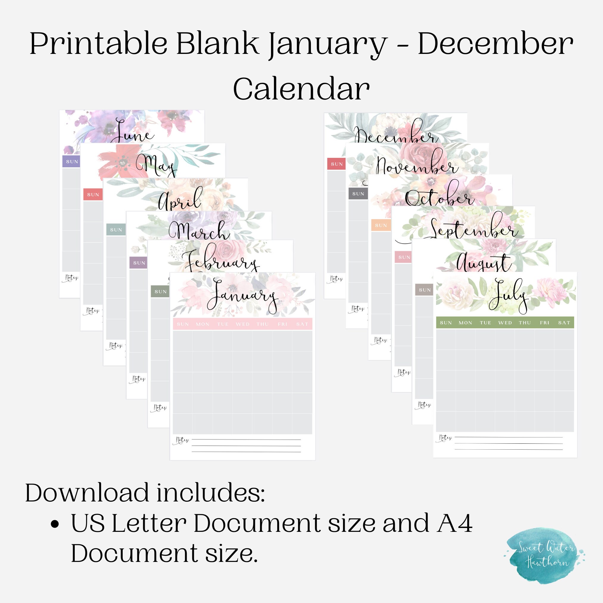 PRINTABLE Blank Floral Watercolor Calendar, INSTANT Download, Sunday ...