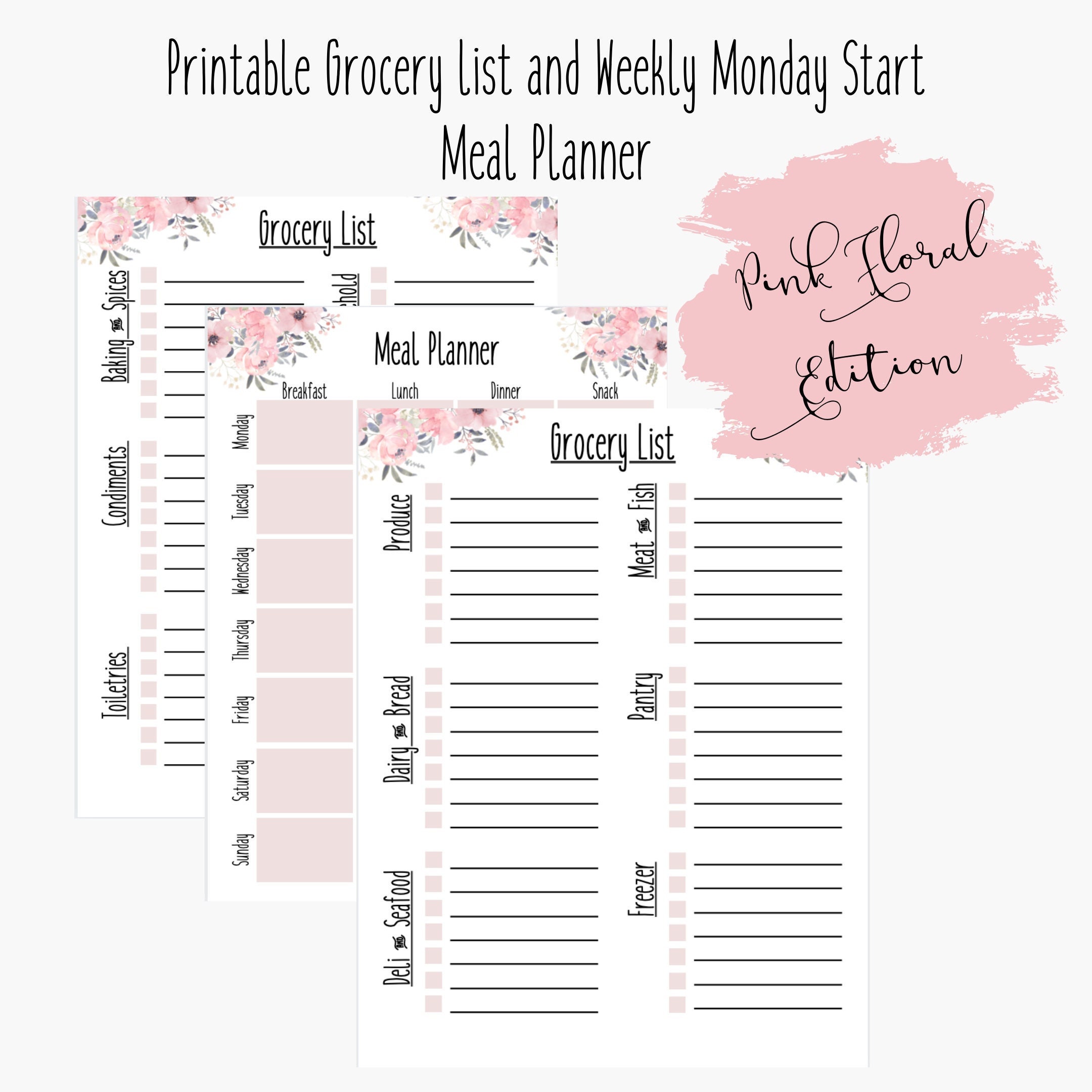 PRINTABLE Grocery List, Shopping Planner, Weekly Meal Planner, Instant ...