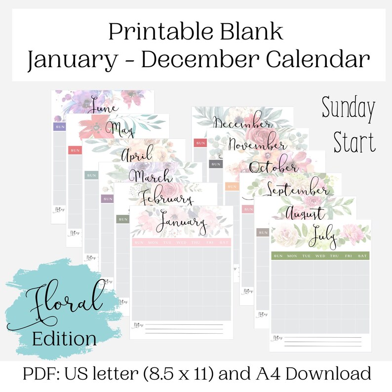 PRINTABLE Blank Floral Watercolor Calendar, INSTANT Download, Sunday ...