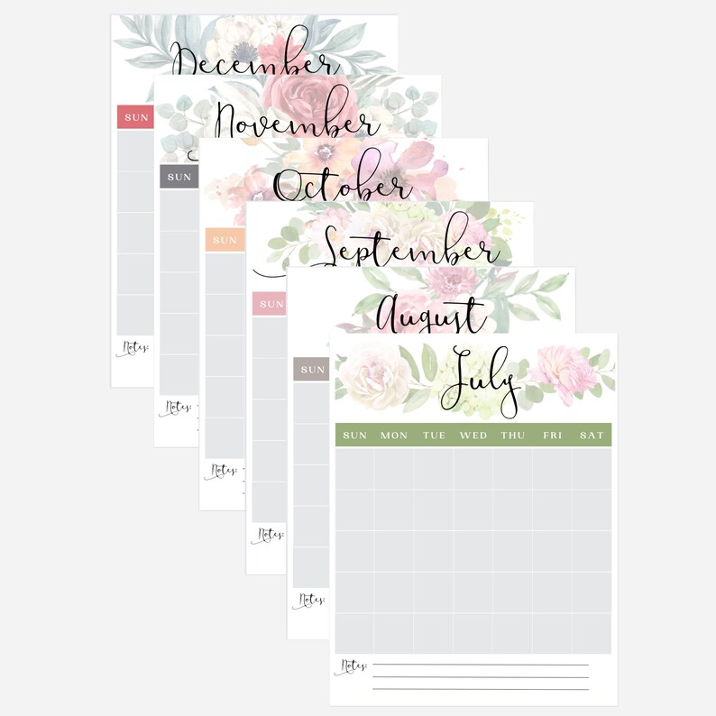 PRINTABLE Blank Floral Watercolor Calendar, INSTANT Download, Sunday ...