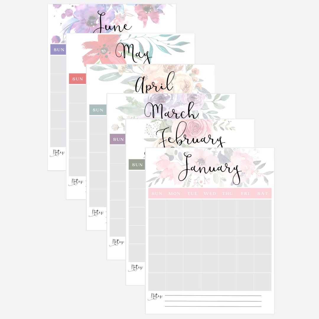 PRINTABLE Blank Floral Watercolor Calendar, INSTANT Download, Sunday ...