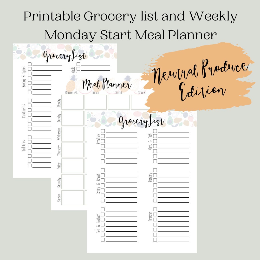 PRINTABLE Grocery List, Shopping Planner, Weekly Meal Planner, Instant ...