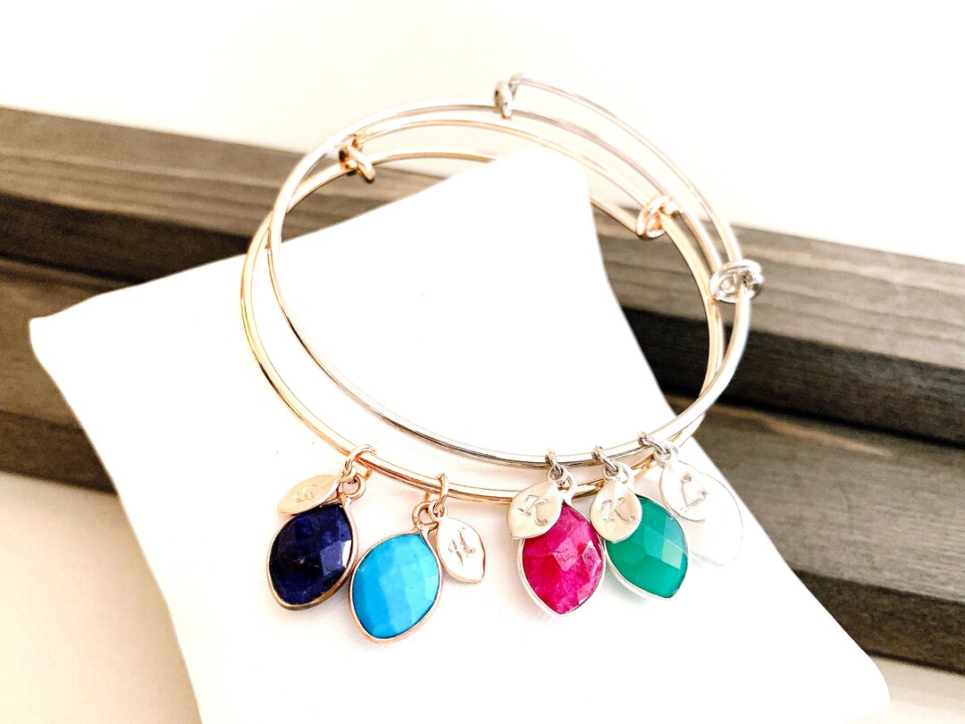 Personalized Birthstone Bangle Bracelet: Raw Gemstone Jewelry, Initial ...