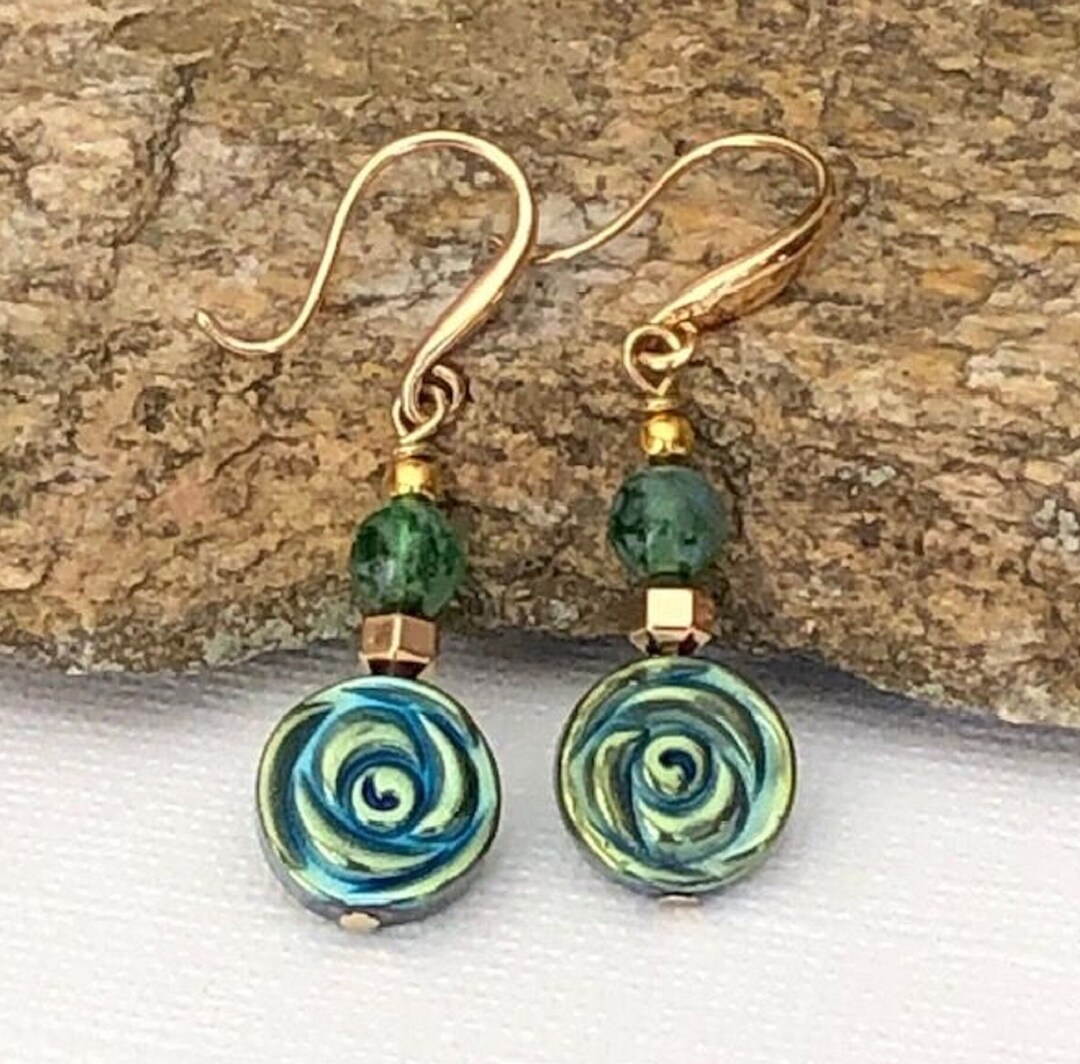Green and Gold Earrings, Dangle Earrings With Carved Hematite Bead ...
