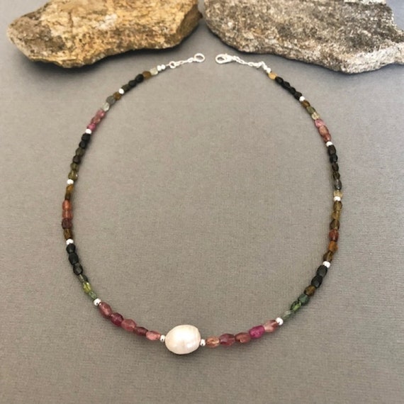 Multi Color Tourmaline Bead Necklace Single Pearl Boho Etsy