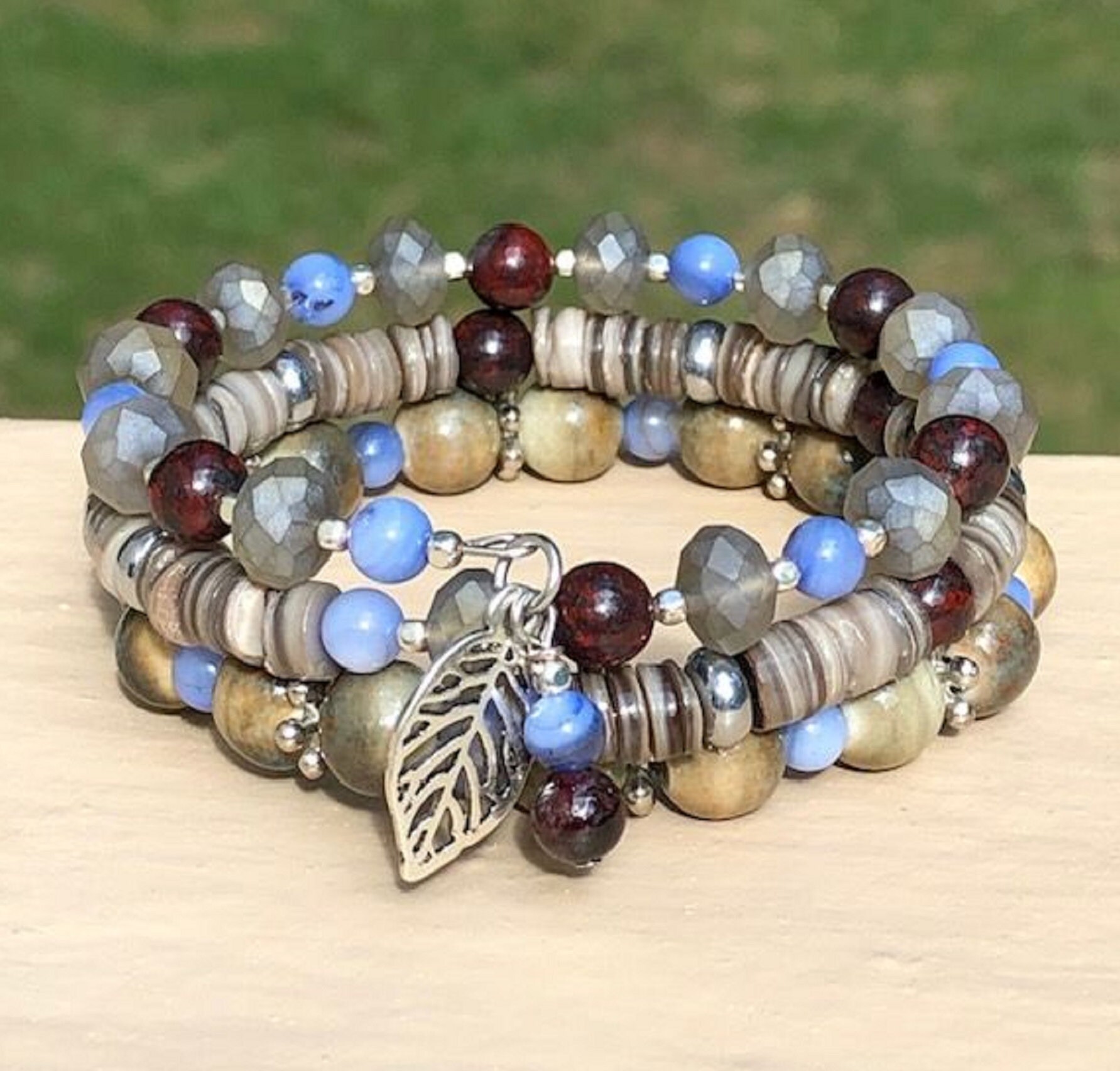Coiled Boho Wrap Bracelet Ceramic Shell and Jasper, Beaded Memory Wire ...