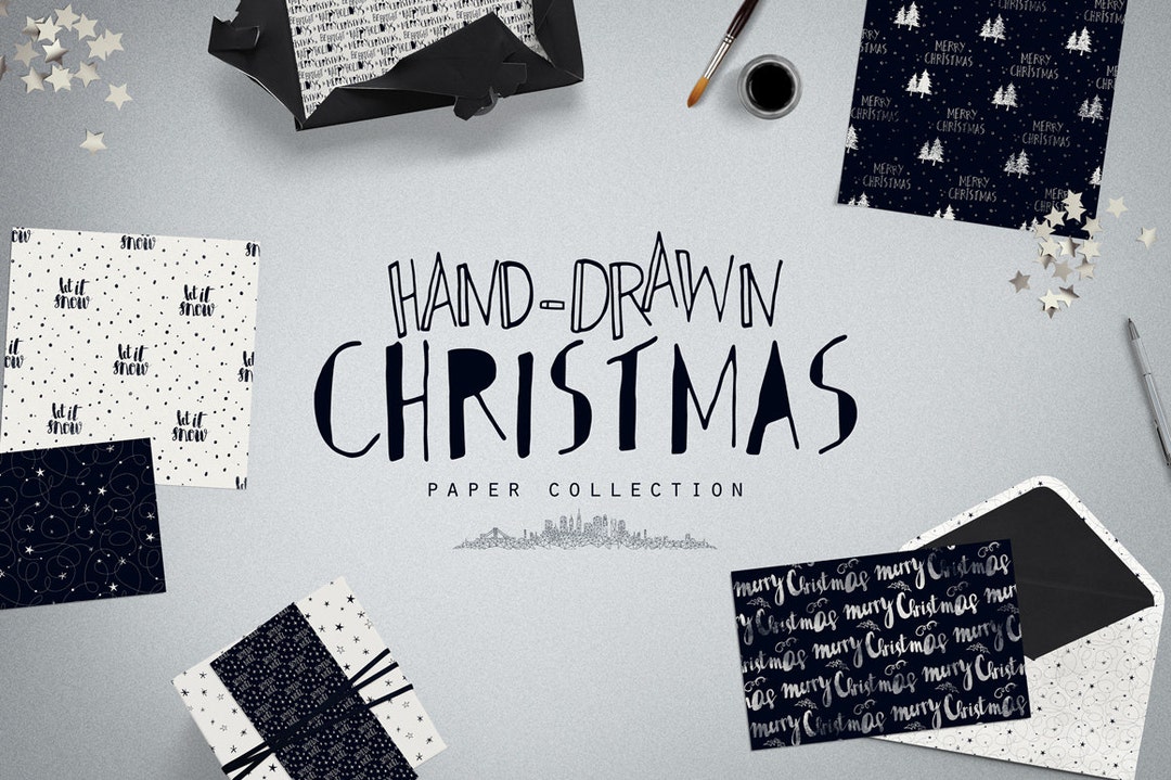 Seamless Hand Drawn Christmas Digital Papers, Blue Ink and Cream - 10 ...