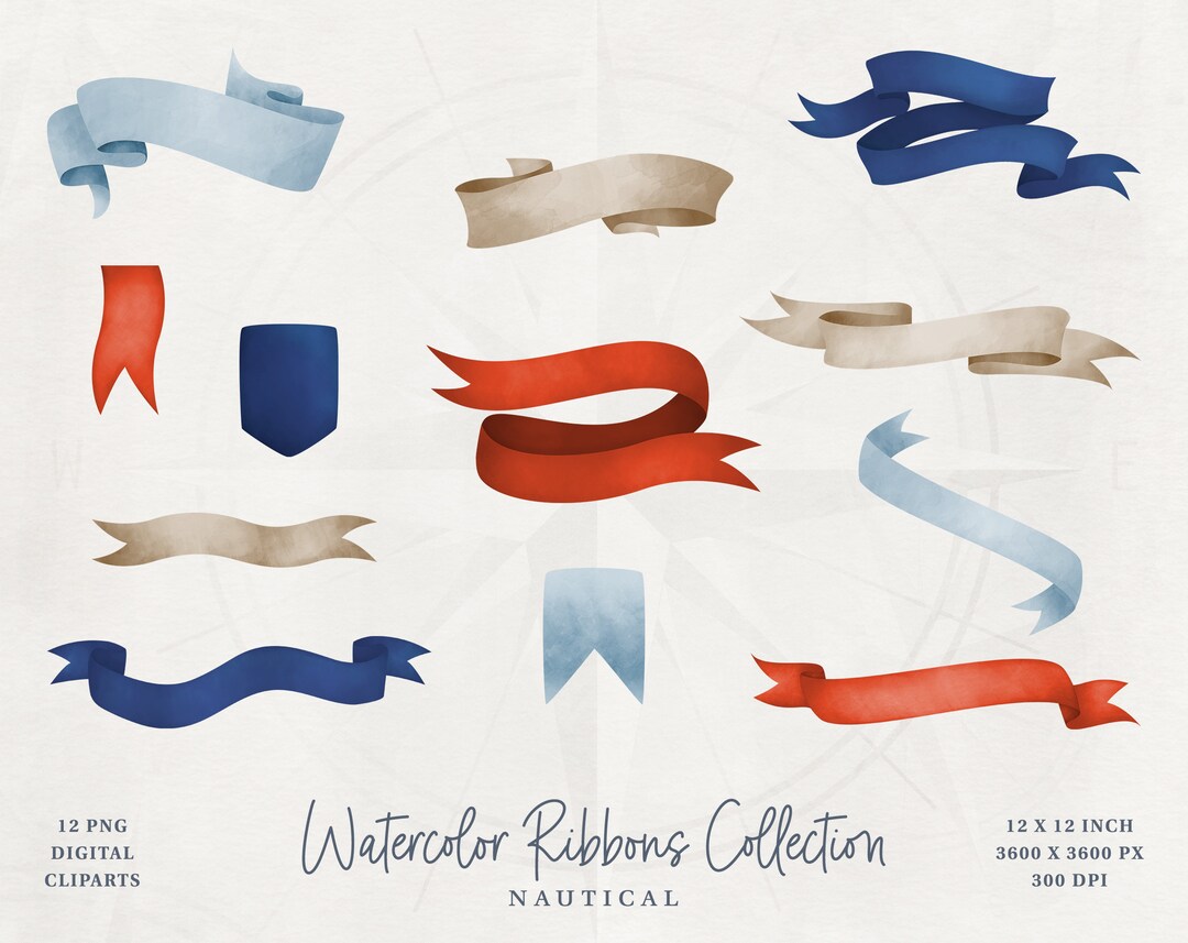 Digital Nautical Watercolor Banners, Watercolor Ribbon Cliparts, 12 ...