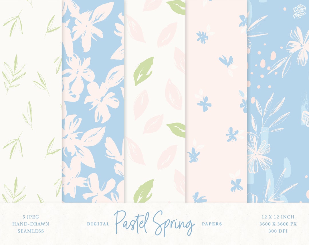 5 Hand Drawn Floral Spring Patterns - Seamless Pastel Colors Floral ...